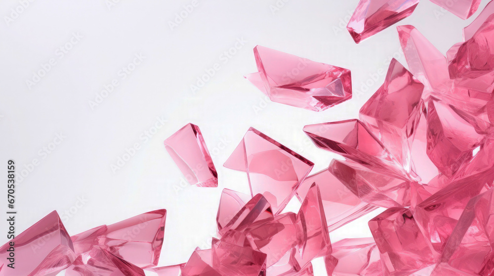 Glass shards scattered and pink with different geometric form on white ...
