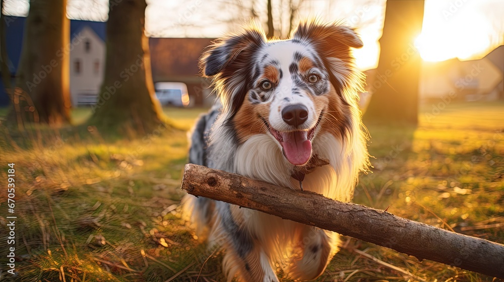 Australian shepherd dog carrying and chewing stick in mouth across ...