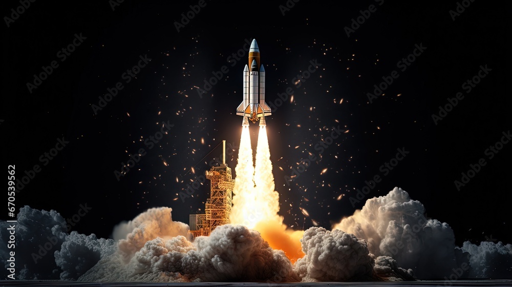 Launching rocket model taking off against black background. Concept of ...