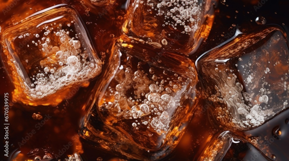 macro cola,Detail of Cold Bubbly Carbonated Soft Drink with Ice,Close up view of the ice cubes ...