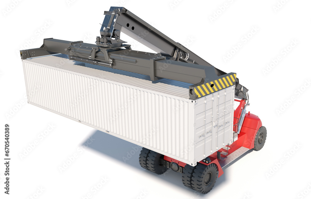 The red reach stacker (loader) lifts and loads a white sea container ...