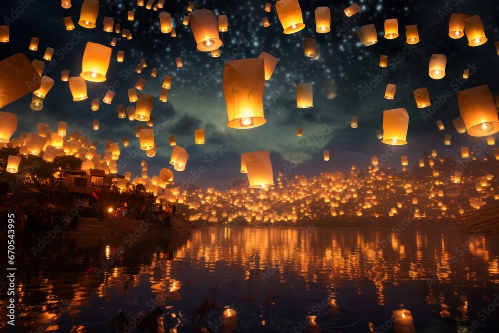 Luminous lanterns floating in the night sky during a festive lantern ...