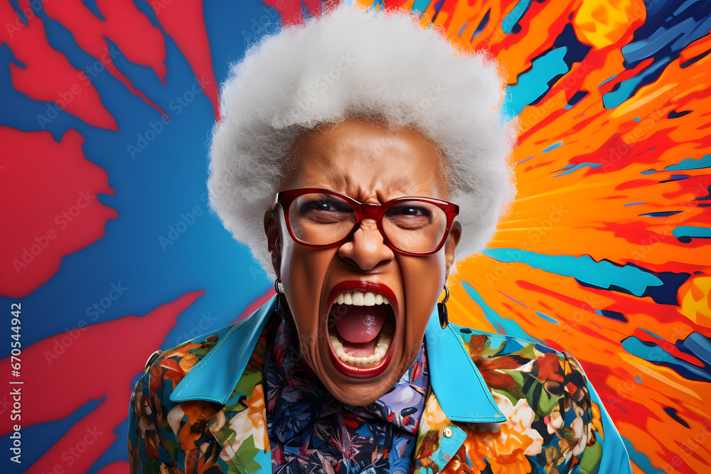 Angry senior African American woman yelling, head and shoulders ...
