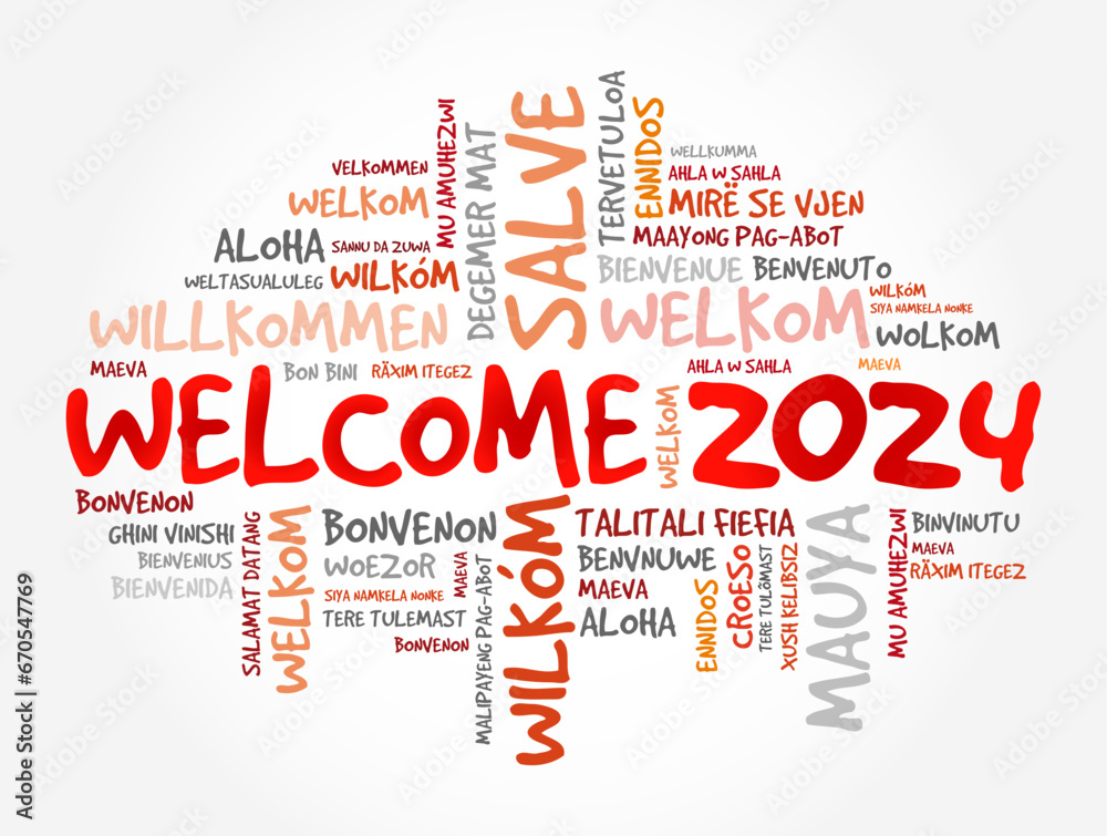 WELCOME 2024 word cloud in different languages, conceptual background ...