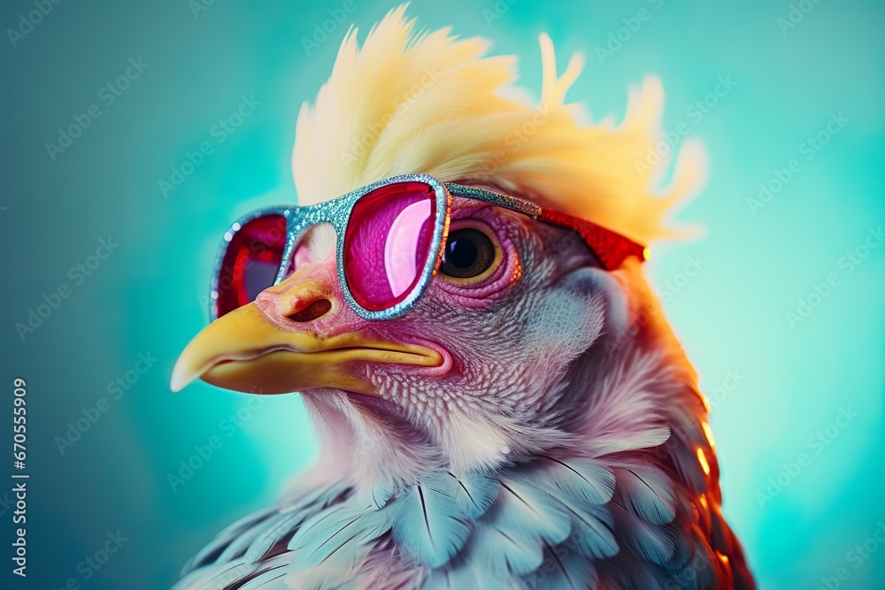a chicken with sunglasses on its head and a potted plant in the ...