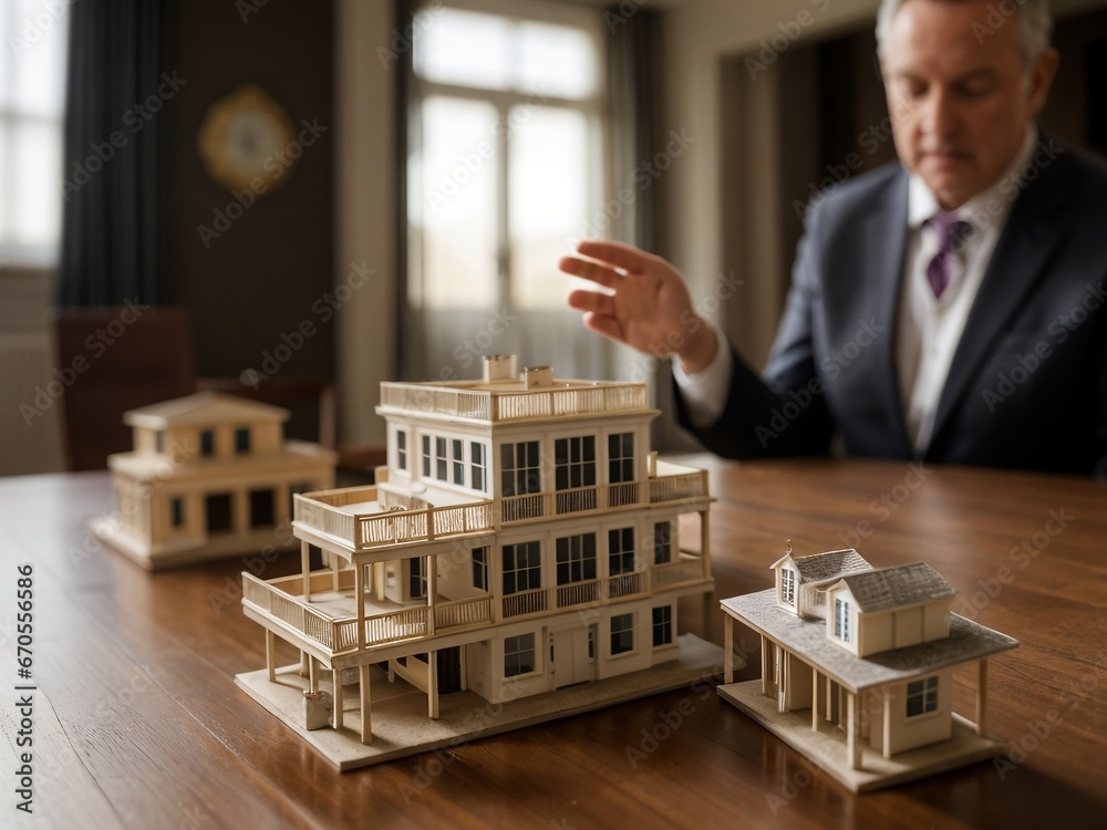 Beautiful scale model of a modern house on the table with blurry ...