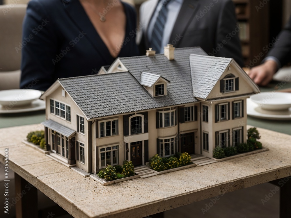 Beautiful scale model of a modern house on the table with blurry ...