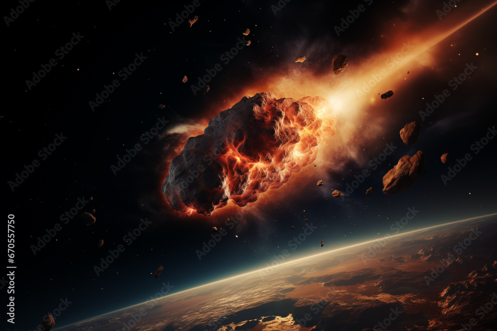 dramatic photo of a meteorite crashing into the Earth, with a fiery ...