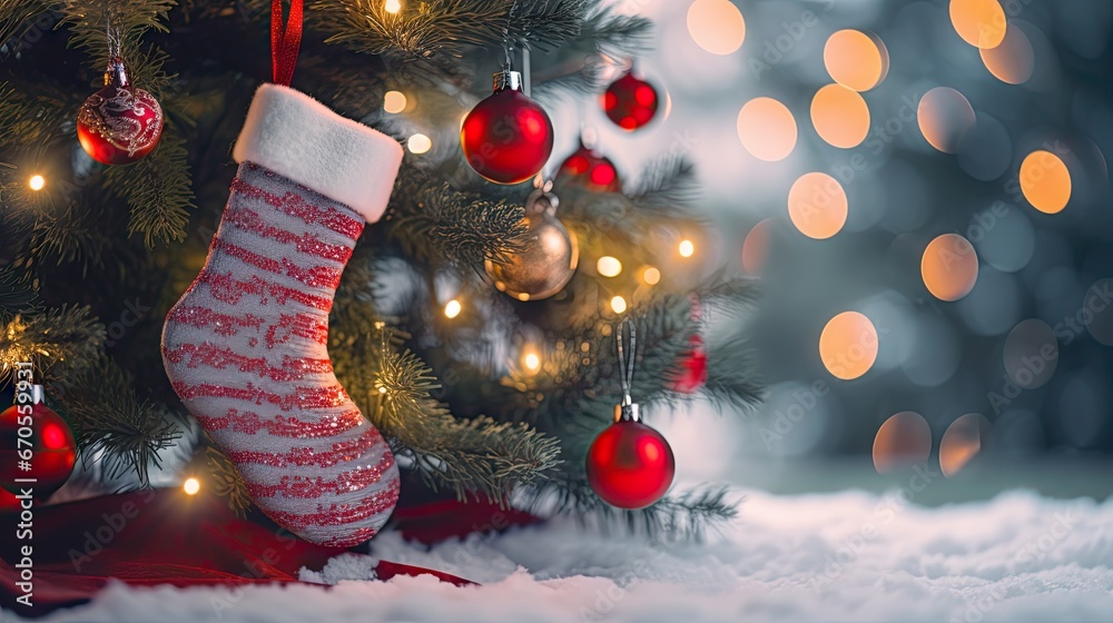 a christmas tree with a red and white stocking hanging from it's side ...