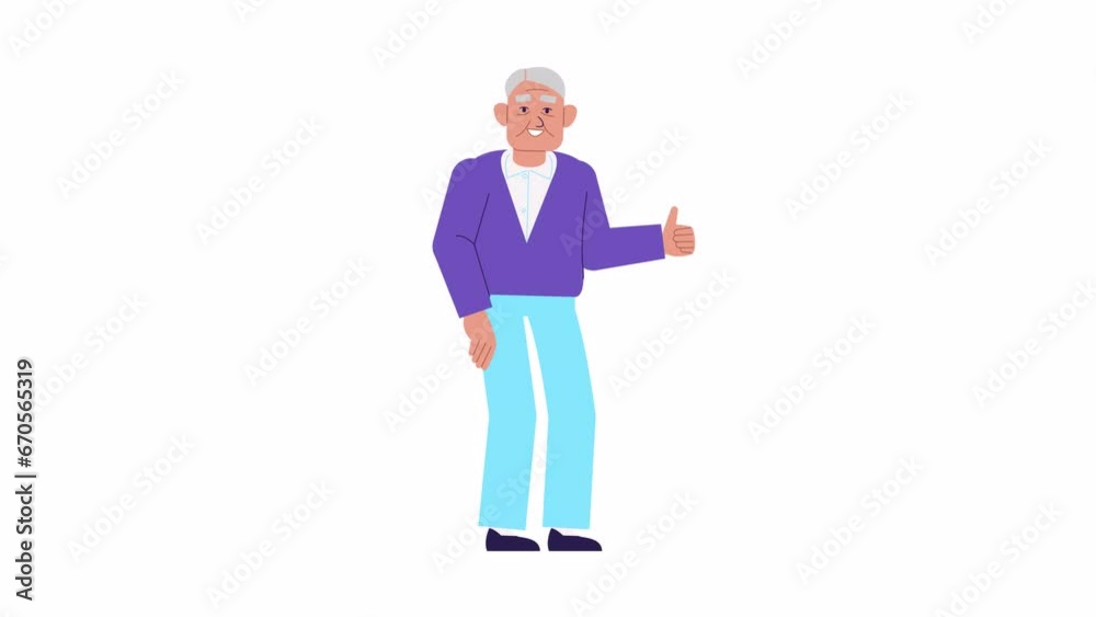 Happy elderly man standing and showing thumb up. Character Animation ...