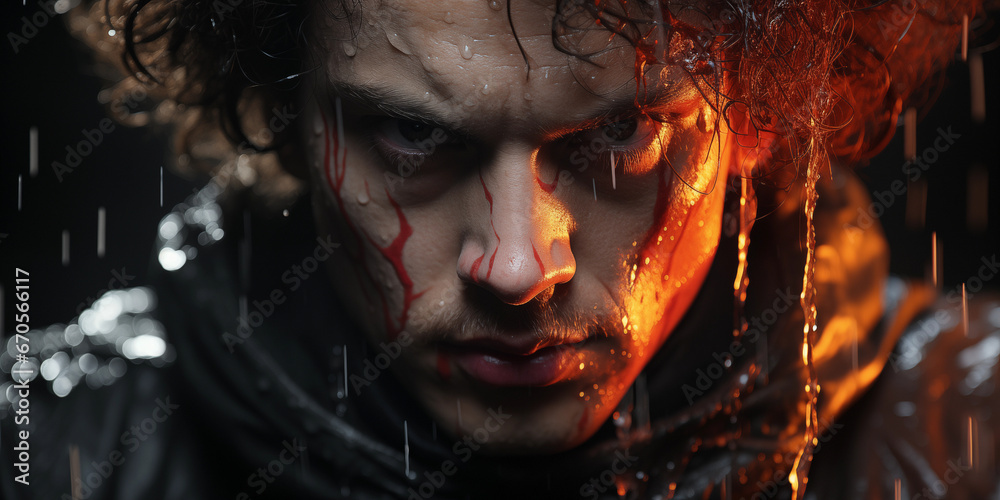 Mann Gesicht als Clown Pennywise schaut böse im Querformat für Banner ...