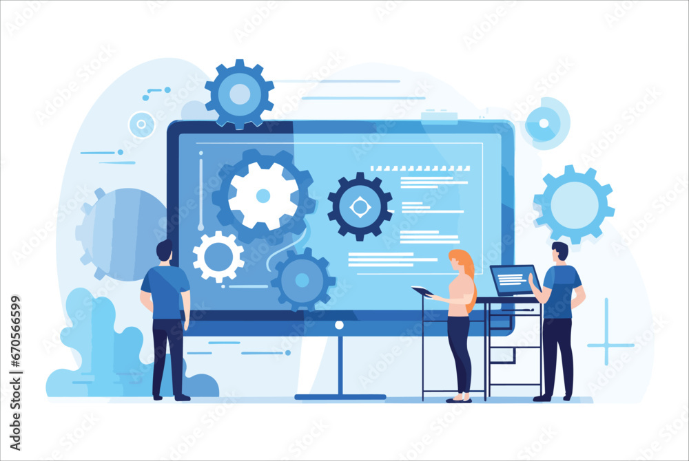 Businesspeople reaching financial goals and reviewing data report, Flat ...