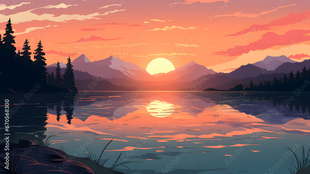 Sunrise over a calm lake, anime style, nature background, anime ...