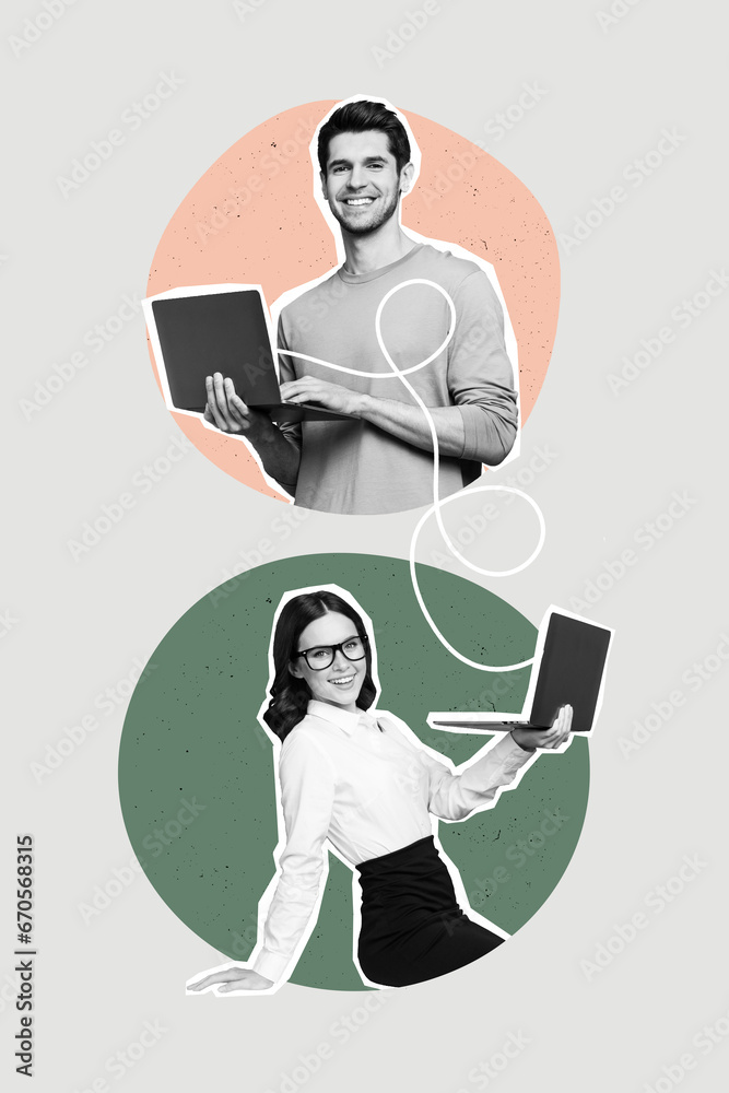 Sketch image collage of two smiling bonding people hold wireless ...