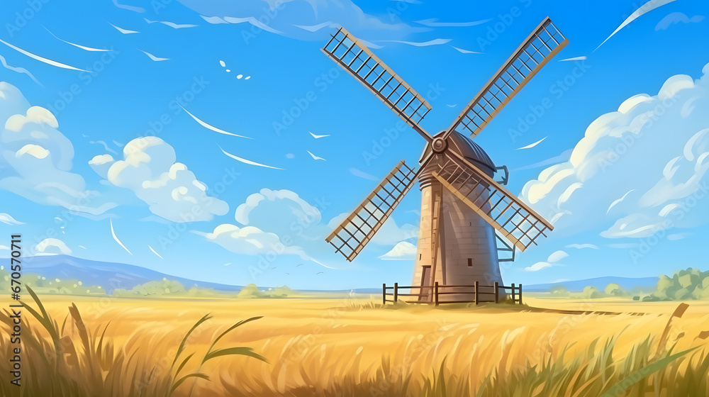 Rustic windmill in a field of wheat, anime style, nature background ...