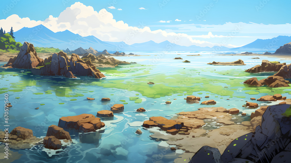 Rocky beach with tide pools and seaweed, anime style, nature background ...