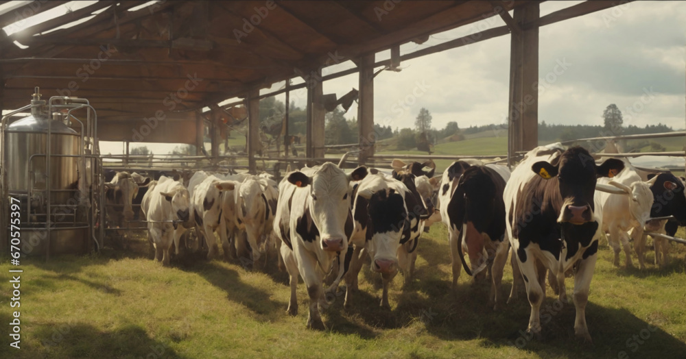 Modern farm for dairy production On a factory farm, cows grazing on ...