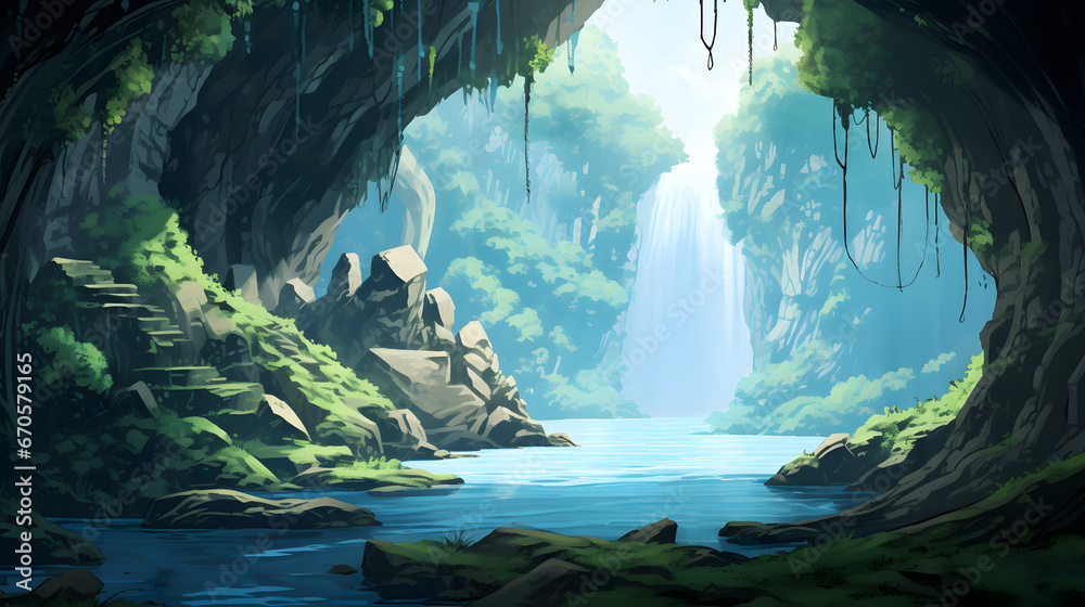 Waterfall Cascading Into A Cave Anime Style Landscape Background