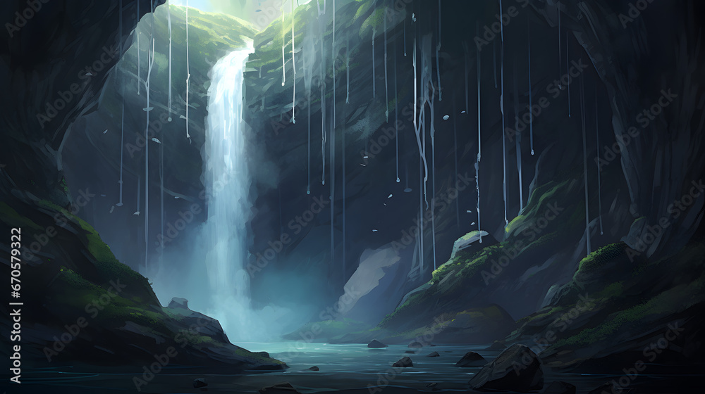 Waterfall cascading into a cave, anime style, landscape background ...