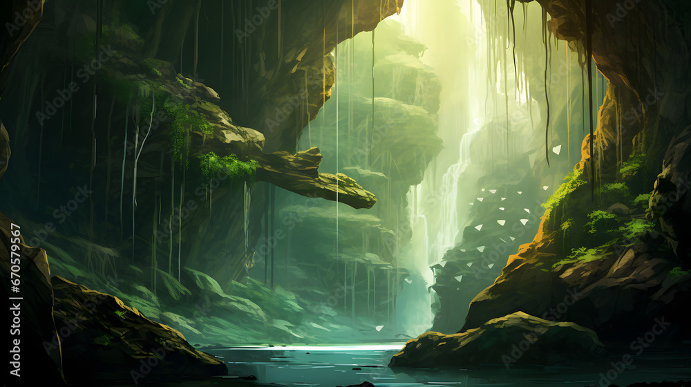Waterfall cascading into a cave, anime style, landscape background ...