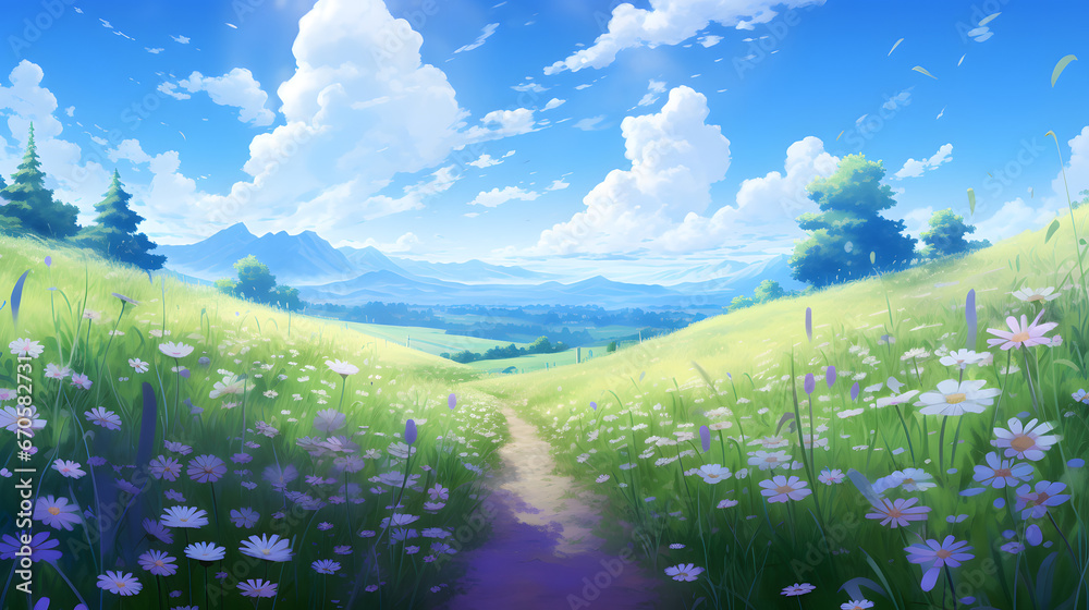 Path through a field of wildflowers, anime style, landscape background ...