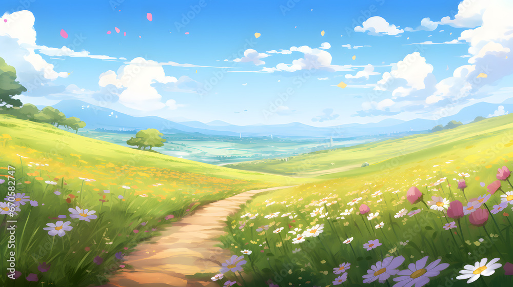 Path through a field of wildflowers, anime style, landscape background ...