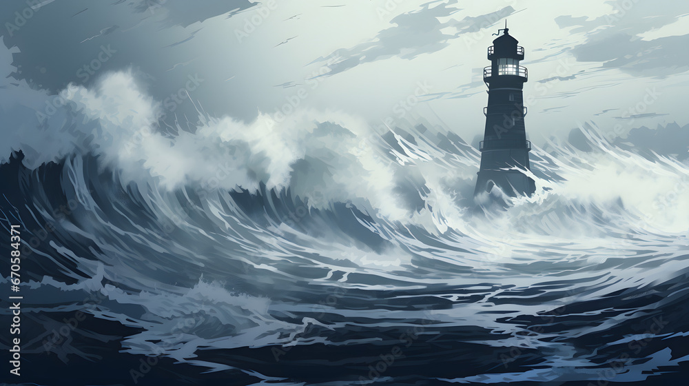 Waves crashing against a lighthouse during a storm, anime style ...
