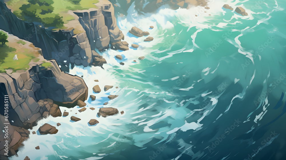 Aerial view of a coastal cliff with crashing waves, anime style ...