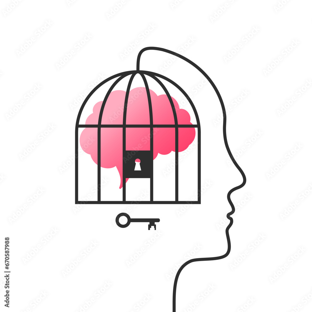 Human head, brain inside cage and lock and key concept. Mind behind ...