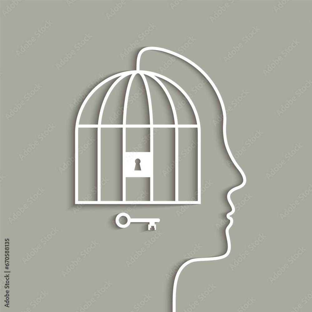 Head and locked cage as mental prison concept, lock with keyhole and ...