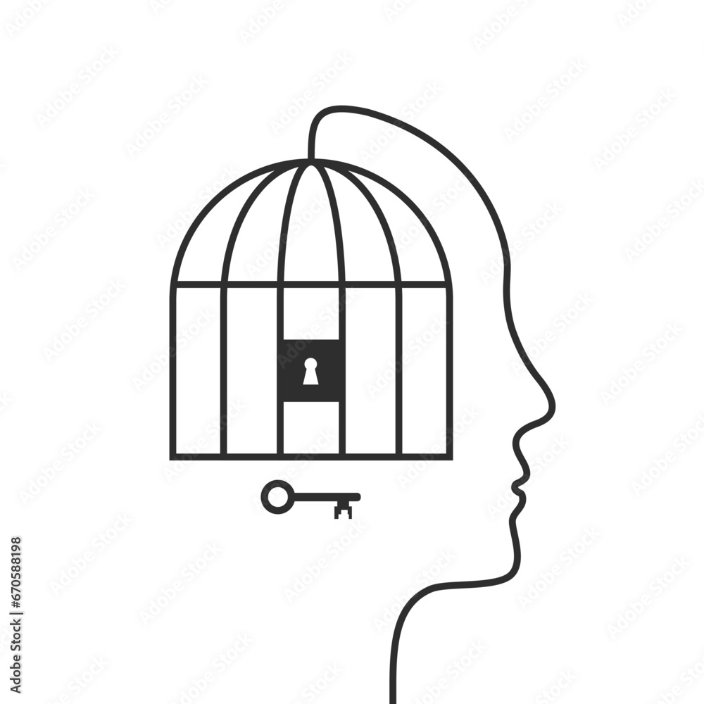 Cage and human head silhouette with face outline concept. Mental prison ...