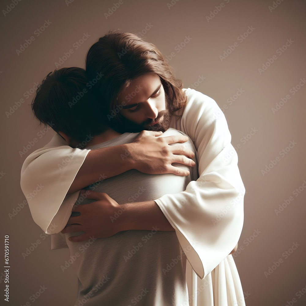 Jesus Christ hugging woman men with love ilustração do Stock | Adobe Stock
