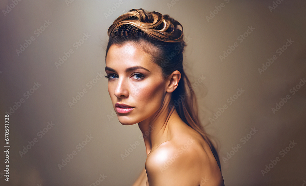 Beautiful woman in profile with long and shiny wavy hair . Beauty model ...