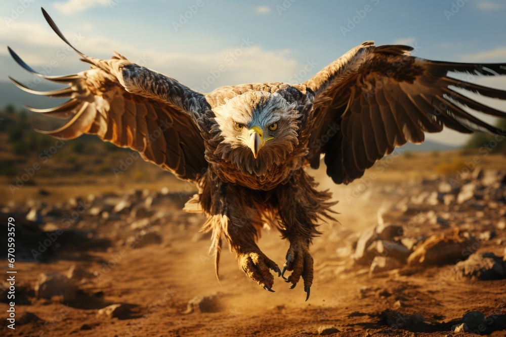 Dynamic capture of an eagle, wings outstretched, hurtling at ground ...