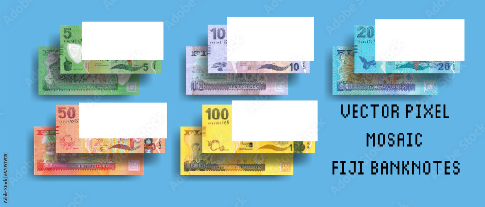 Vector set of pixel mosaic banknotes of Fiji. Collection of bills in ...