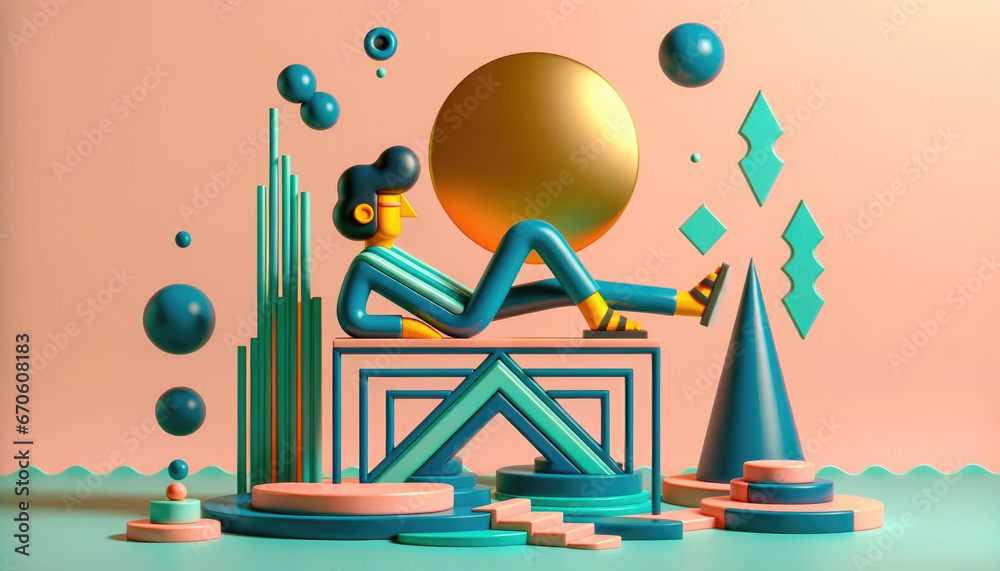 Abstract character sitting on a throne and thinking among abstract ...