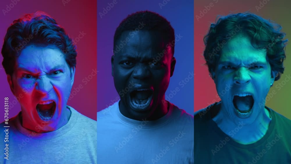 Multi Screen of Men Portraits Looking at Camera and Screaming Together ...