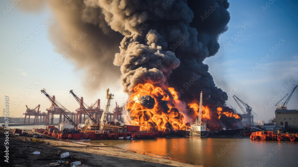 Fire in port. Smoke rise to sky. Bombing of naval infrastructure. Stop ...