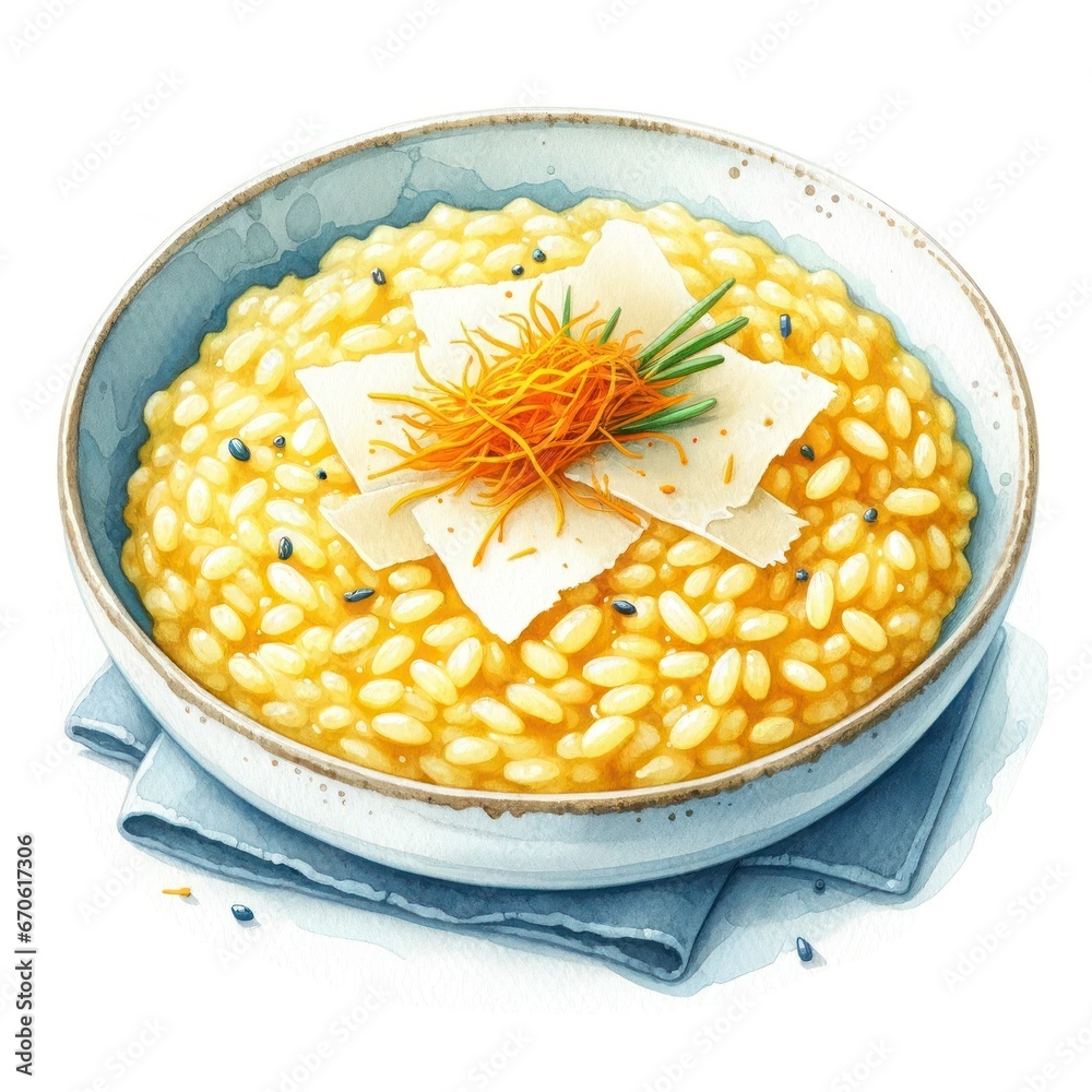 Watercolor portrayal of Risotto alla Milanese, a creamy saffron-infused ...