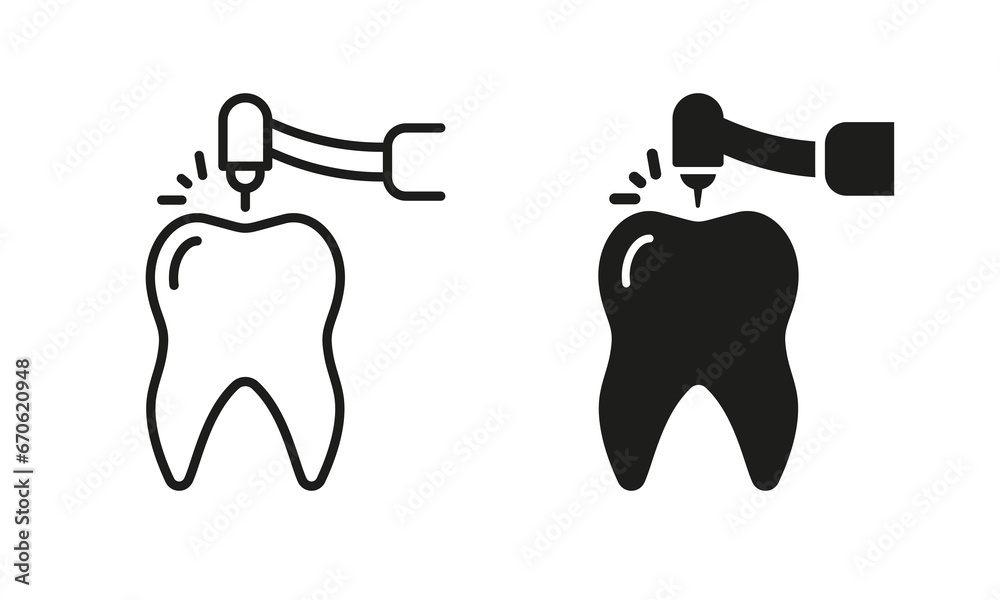 Drilling Tooth Silhouette and Line Icons Set. Dentist Drills Teeth ...