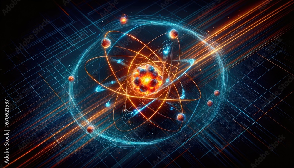 Quantum physics and celestial atom orbits. Bright orange and blue ...