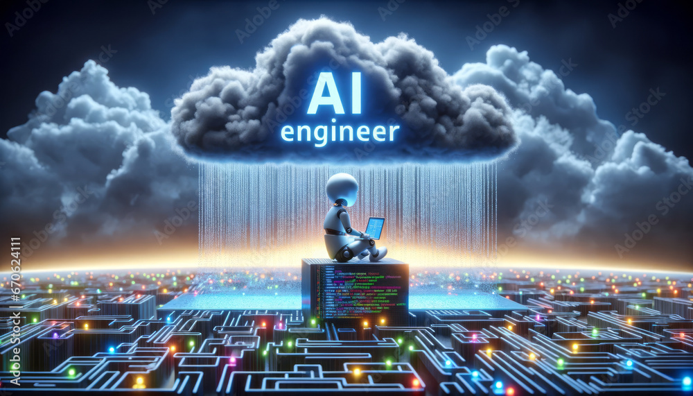 Code Rainmaker: 3D AI Engineer on Digital Cloud, Programming Rain Patterns of AI Code Stock ...