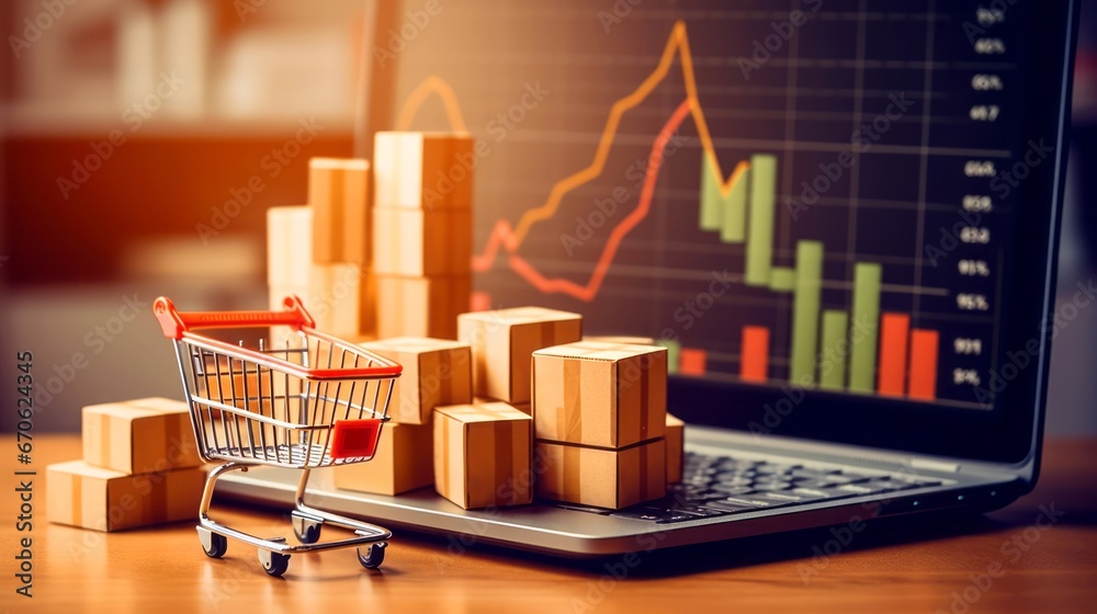 Paper boxes and shopping cart with sales data economic growth graph in ...