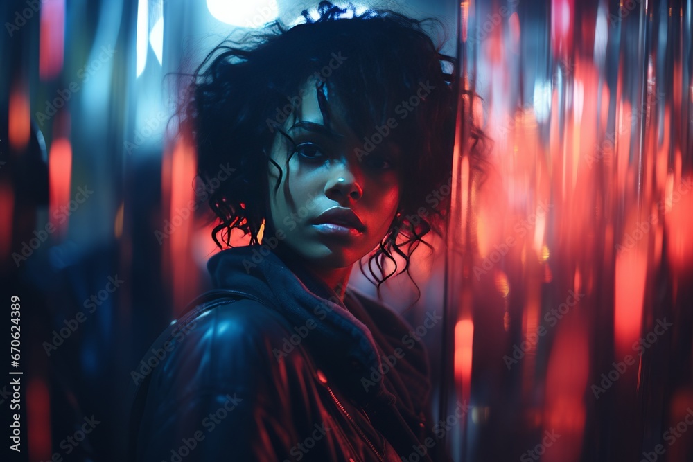 Portrait of young beautiful girl in bright stylish clothes against ...