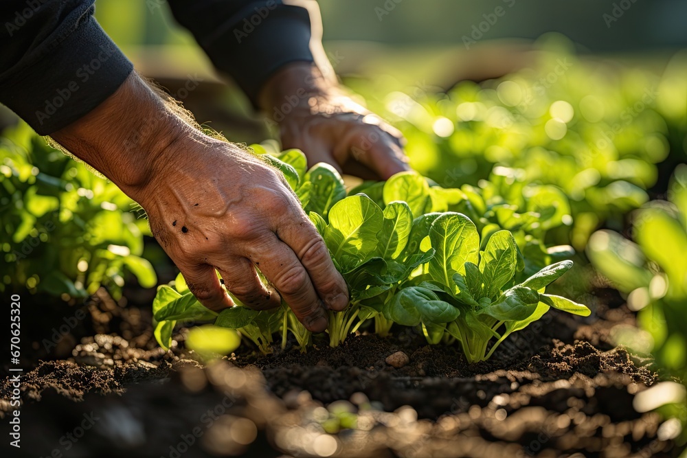 Planting young samplings with gloved hands on the soil, ecosystem ...