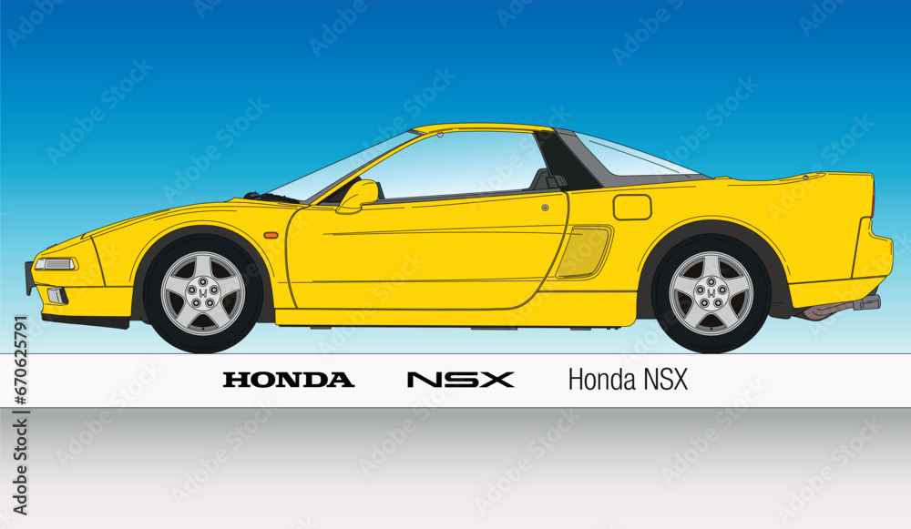 Japan, year 1990, Honda NSX sport car silhouette outlined on the blue ...