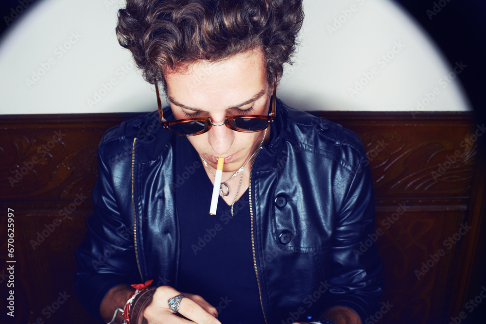 Man with cigarette, punk in sunglasses and rockstar attitude on white ...