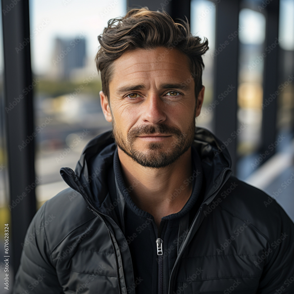 thirty year old man indoors and high rise buildings in the background ...