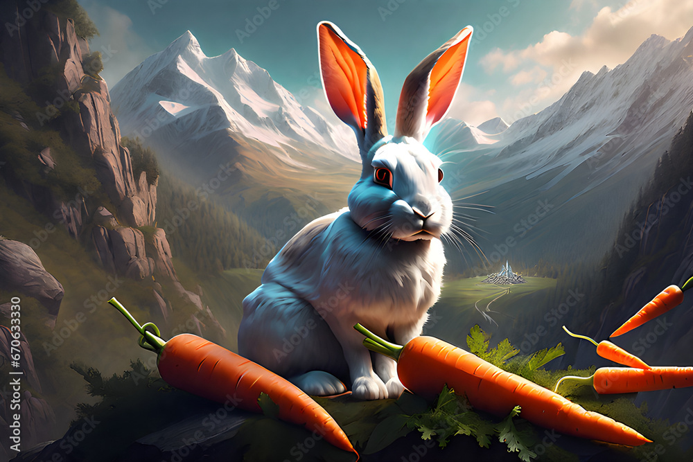 Draw a picture of a rabbit eating carrots in the mountains. Generative ...