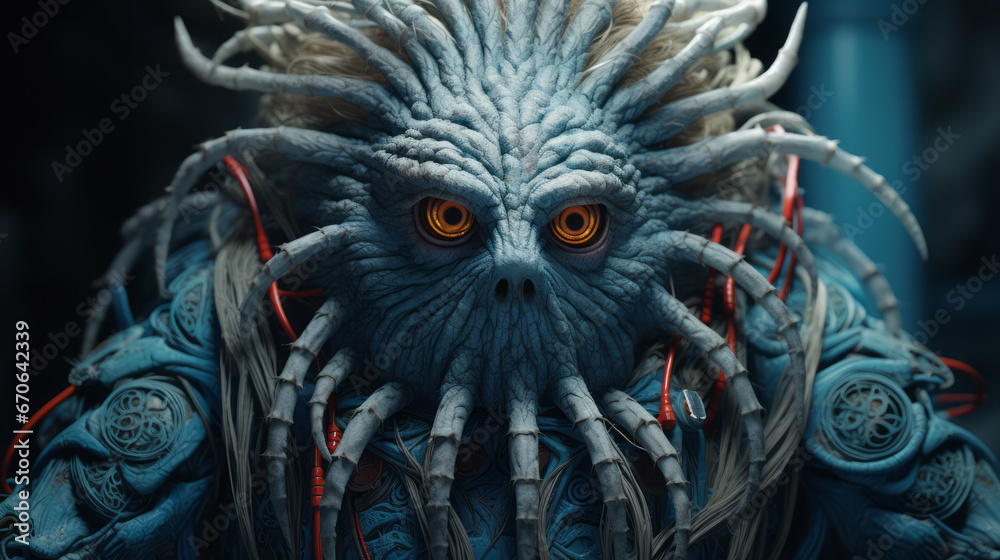 Horror Movie Character: Scary alien monster with glowing eyes and blue ...